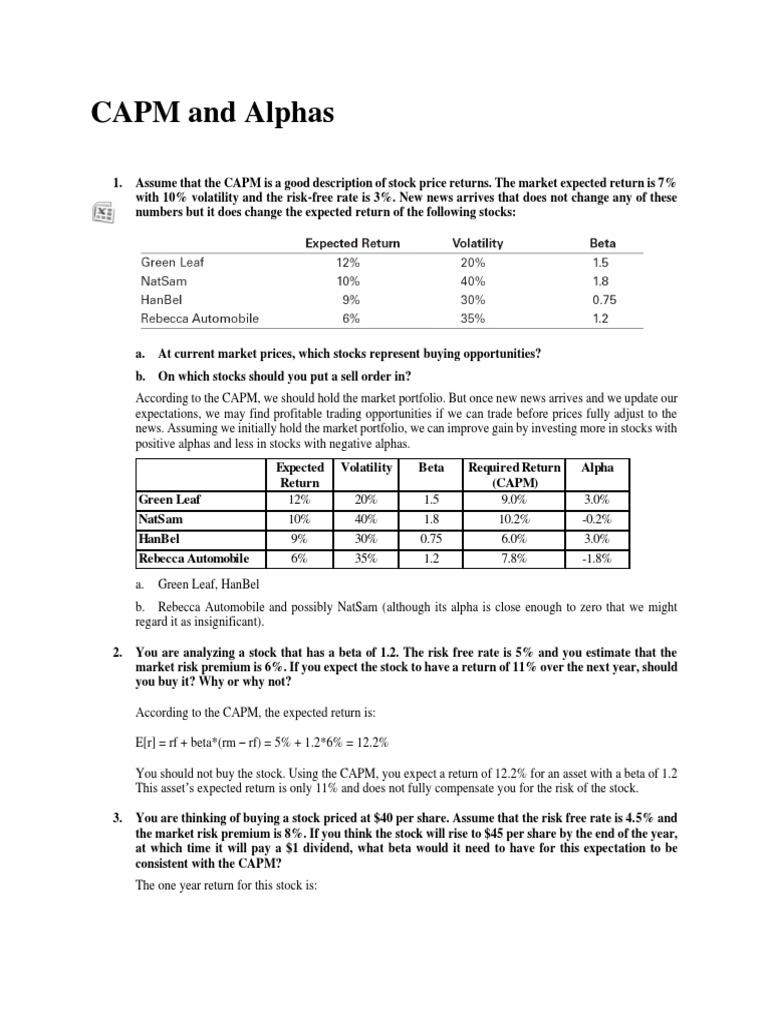 CAPM and Alpha - Practice Problems - SOLUTIONS | PDF | Capital Asset ...