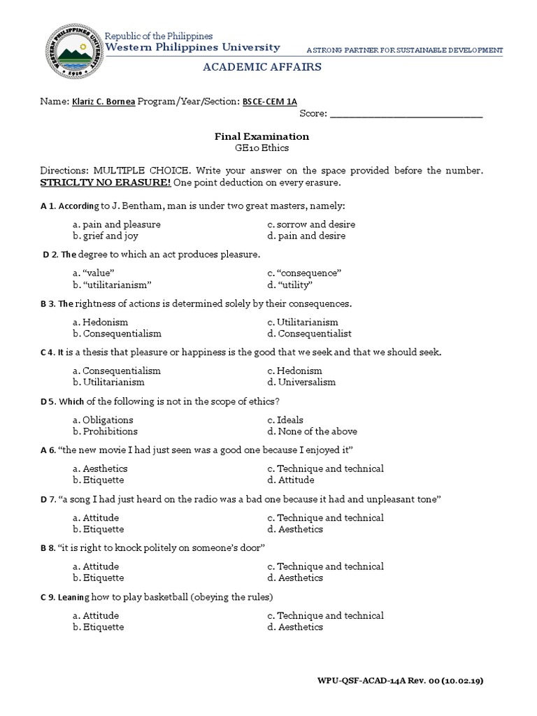 Ethics Final Examination | PDF | Psychological Egoism | Utilitarianism