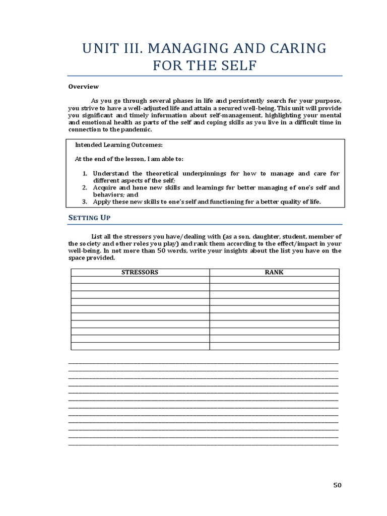 Unit Iii. Managing and Caring For The Self: Etting P | PDF | Goal ...