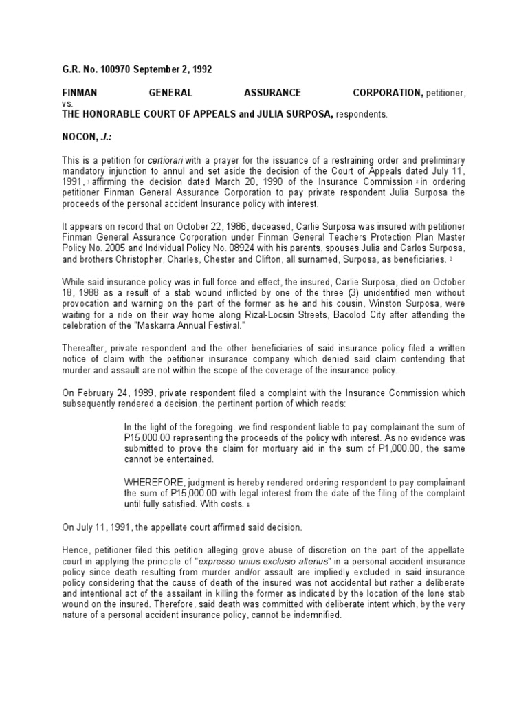 Finman General Assurance Corp Vs CA | PDF | Insurance | Injunction Finman General Assurance Corp Vs CA | PDF | Insurance | Injunction