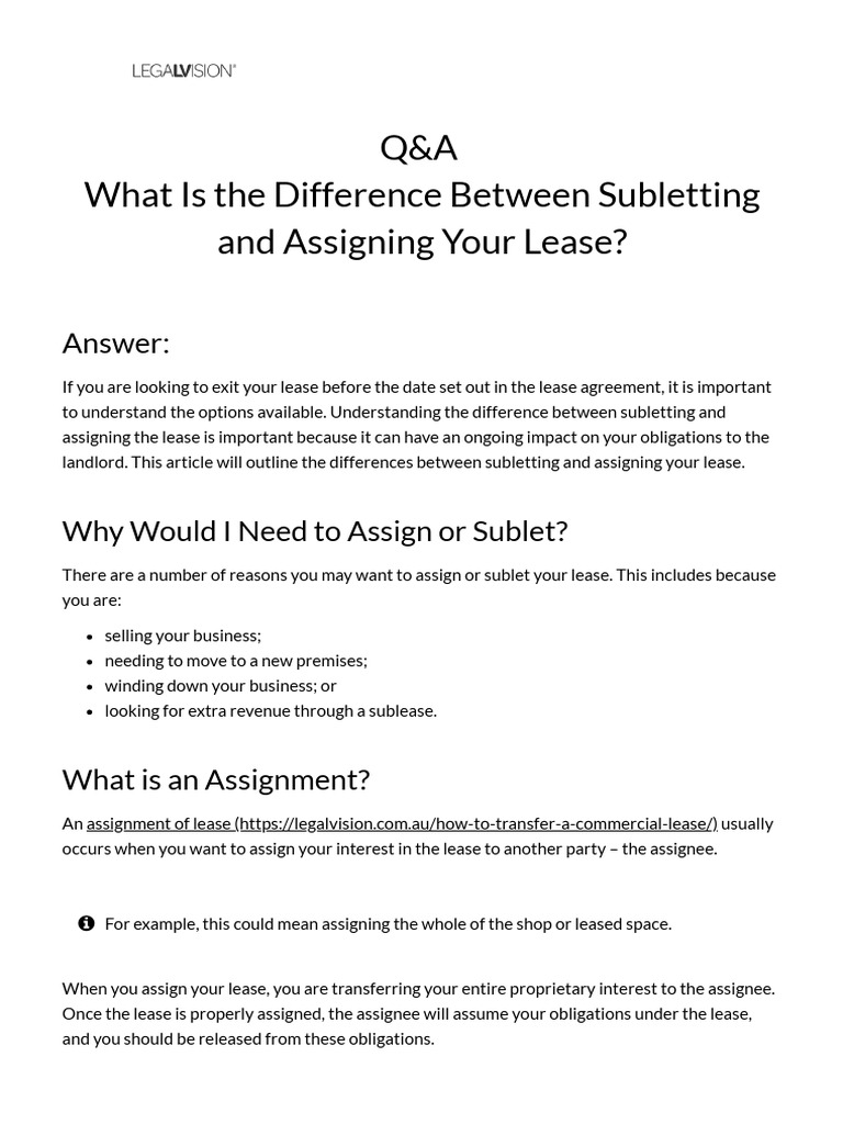 LEASE-Difference Between Subletting and Assigning - LegalVision | PDF ...
