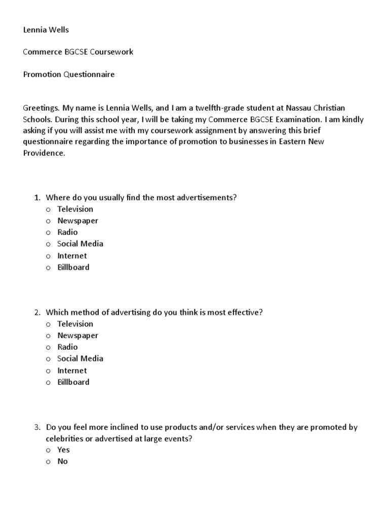 Commerce BGCSE Questionnaire | PDF | Advertising | Popular Culture ...