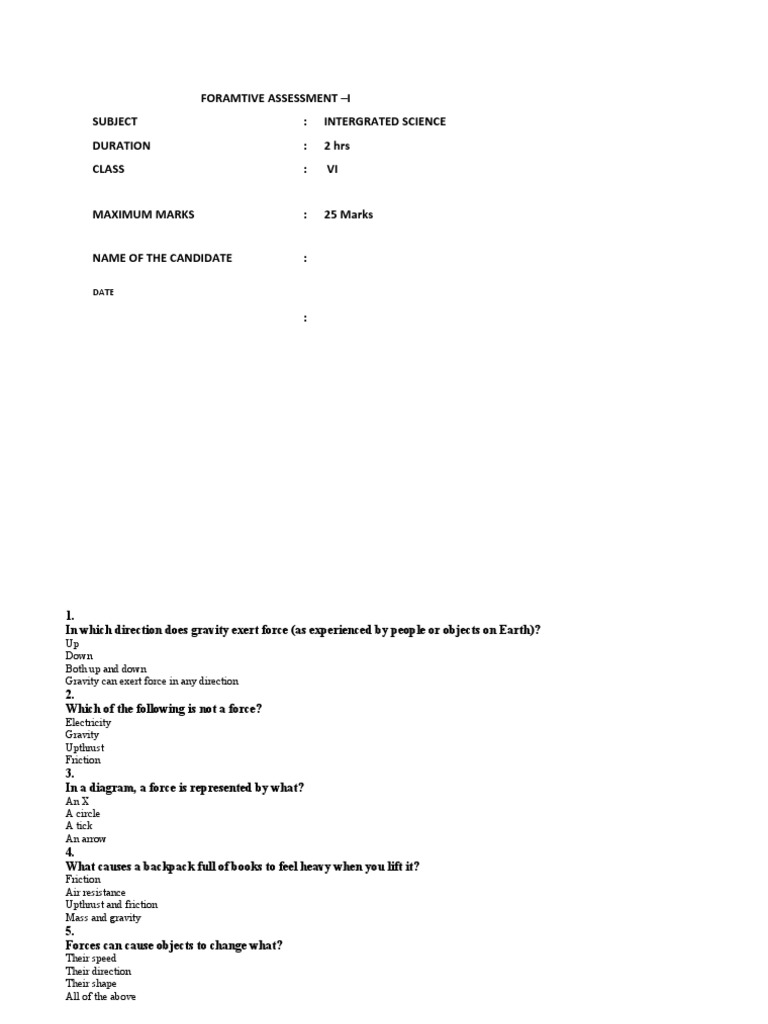 Formative Assessment - Science | PDF | Force | Gravity