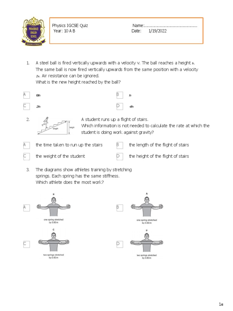 G9 IGCSE Energy, Work & Power Quiz | Download Free PDF | Gravity | Mass