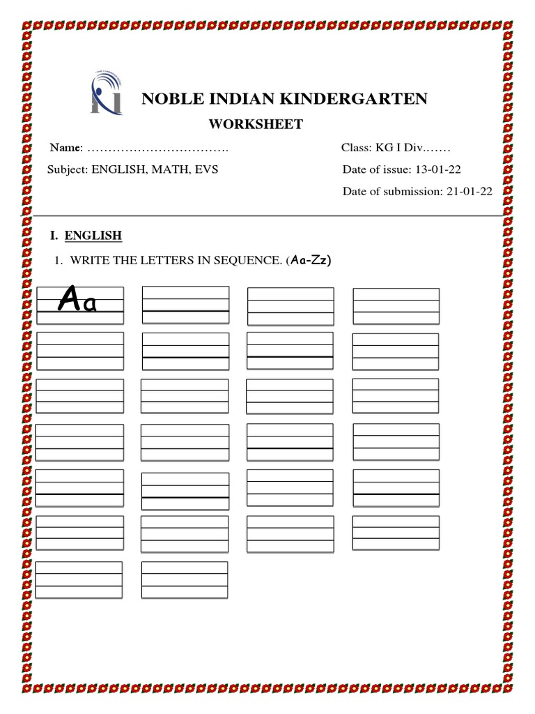 Noble Indian Kindergarten: Worksheet | PDF | Linguistics | Languages
