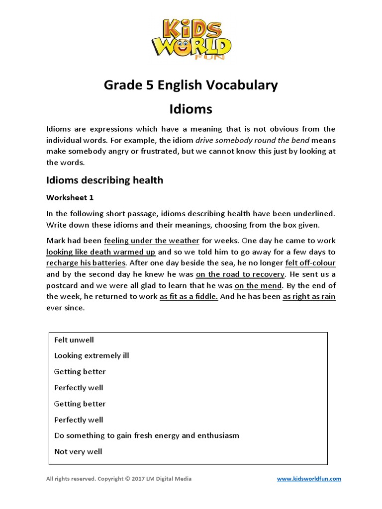 Grade 5 English Vocabulary Idioms | PDF