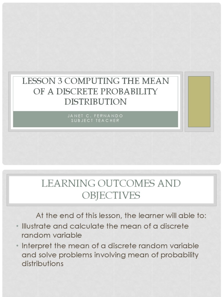 Lesson 3 Computing The Mean of A Discrete Probability Distribution | PDF | Random Variable | Mean