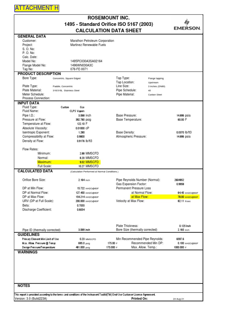 Rosemount Inc. 1495 - Standard Orifice ISO 5167 (2003) Calculation Data ...