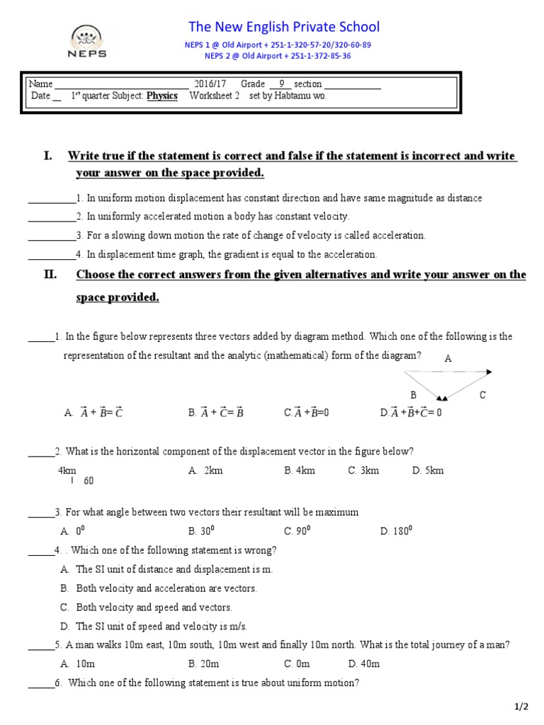 Grade 9 Wrok Sheet 2 | PDF | Acceleration | Velocity
