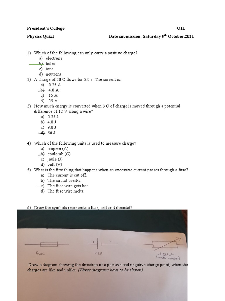 G11 Physics Quiz: Charge & Current Concepts | PDF | Science ...