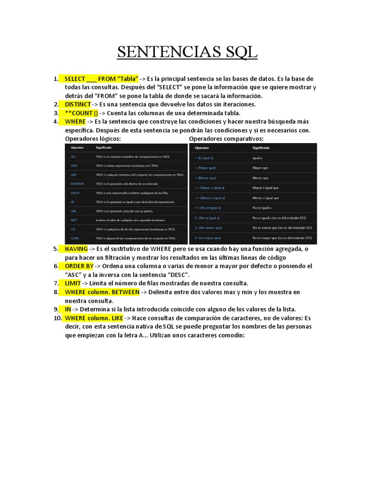 Introducción a las sentencias SQL básicas y funciones | PDF | SQL ...