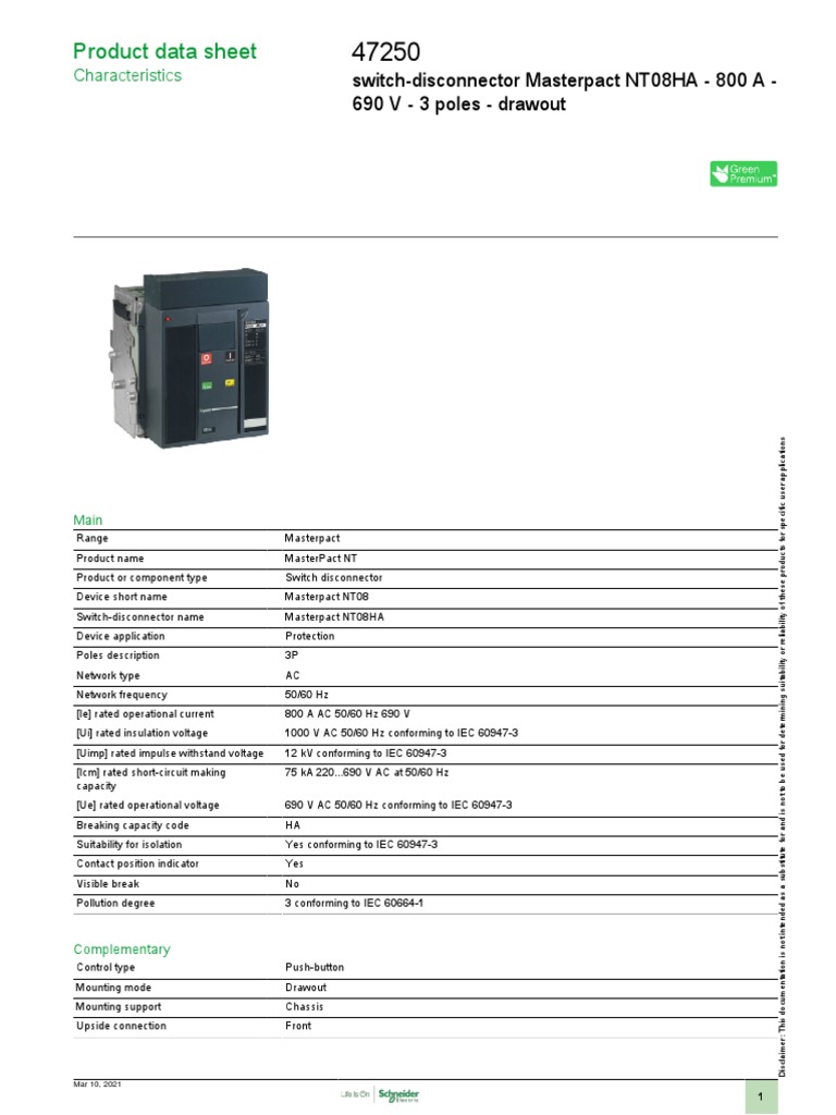 Product Data Sheet: Switch-Disconnector Masterpact NT08HA - 800 A - 690 V - 3 Poles - Drawout ...
