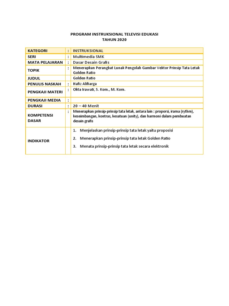Contoh Naskah Video Tutorial SMK - MM - Golden Ratio | PDF