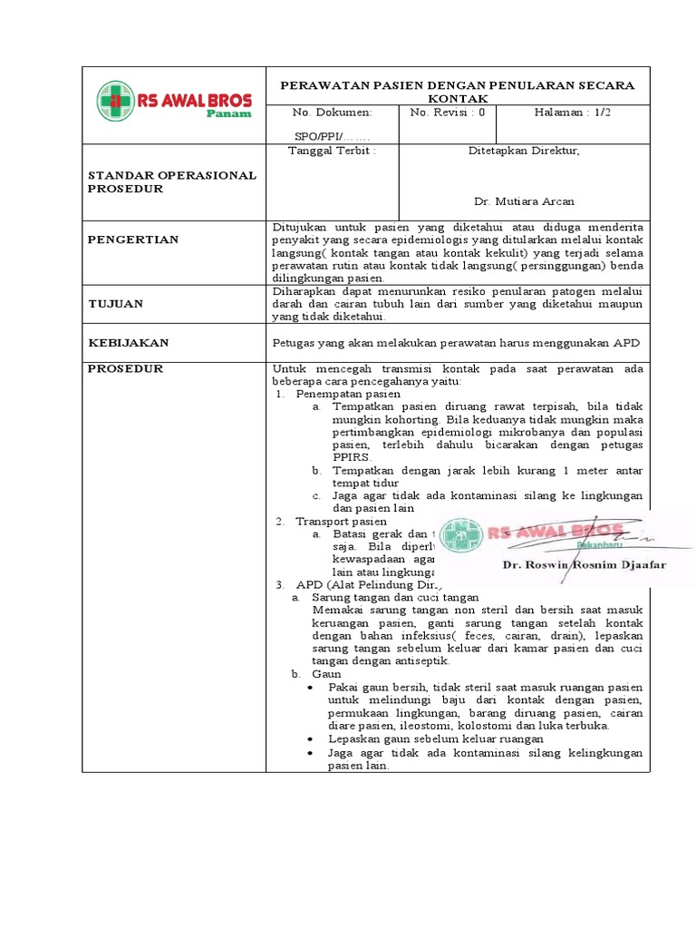 SPO PERAWATAN PASIEN Ruangan Isolasi DENGAN PENULARAN SECARA KONTAK | PDF