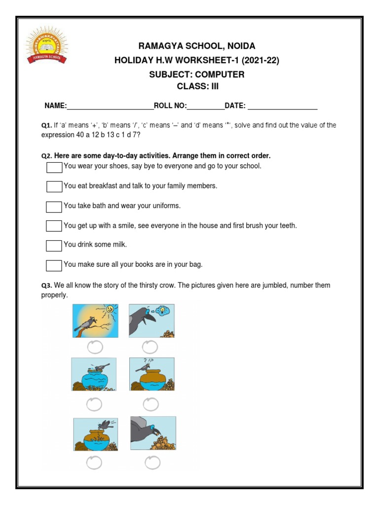 Ramagya School, Noida HOLIDAY H.W WORKSHEET-1 (2021-22) Subject ...