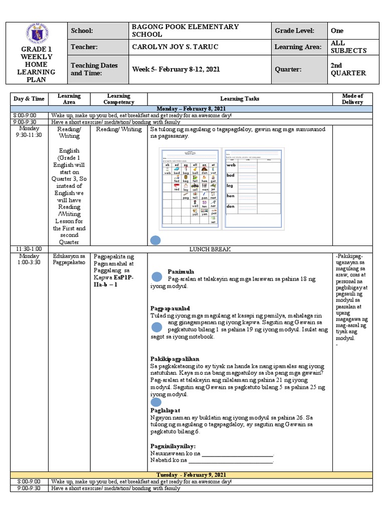 Grade One All Subjects WHLP q2 Wk5 | PDF