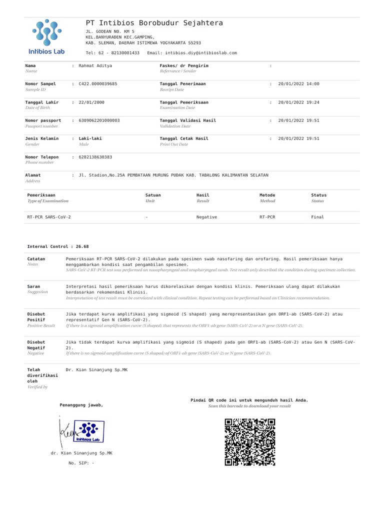 HASIL PEMERIKSAAN RT-PCR SARS-CoV-2 NEGATIF | PDF