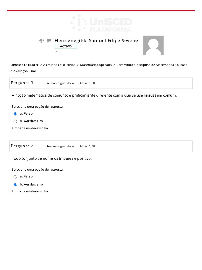 Avaliação Final - Matematica Aplicada | PDF | Conjunto (Matemática ... Avaliação Final - Matematica Aplicada | PDF | Conjunto (Matemática ...