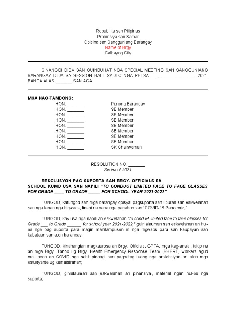 Sample Brgy. Resolution F2F | PDF