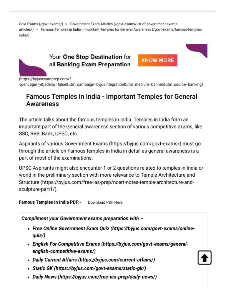 Famous Temples in India - GK Notes For Competitive Exams | PDF