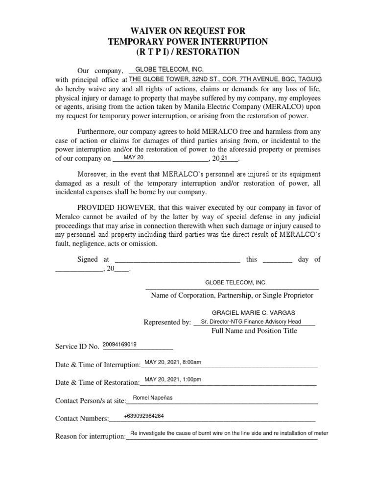 Waiver On Request For Temporary Power Interruption (R T P I ...