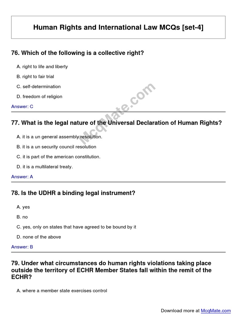 Human Rights and International Law Solved MCQs (Set-4) | PDF | Human ...