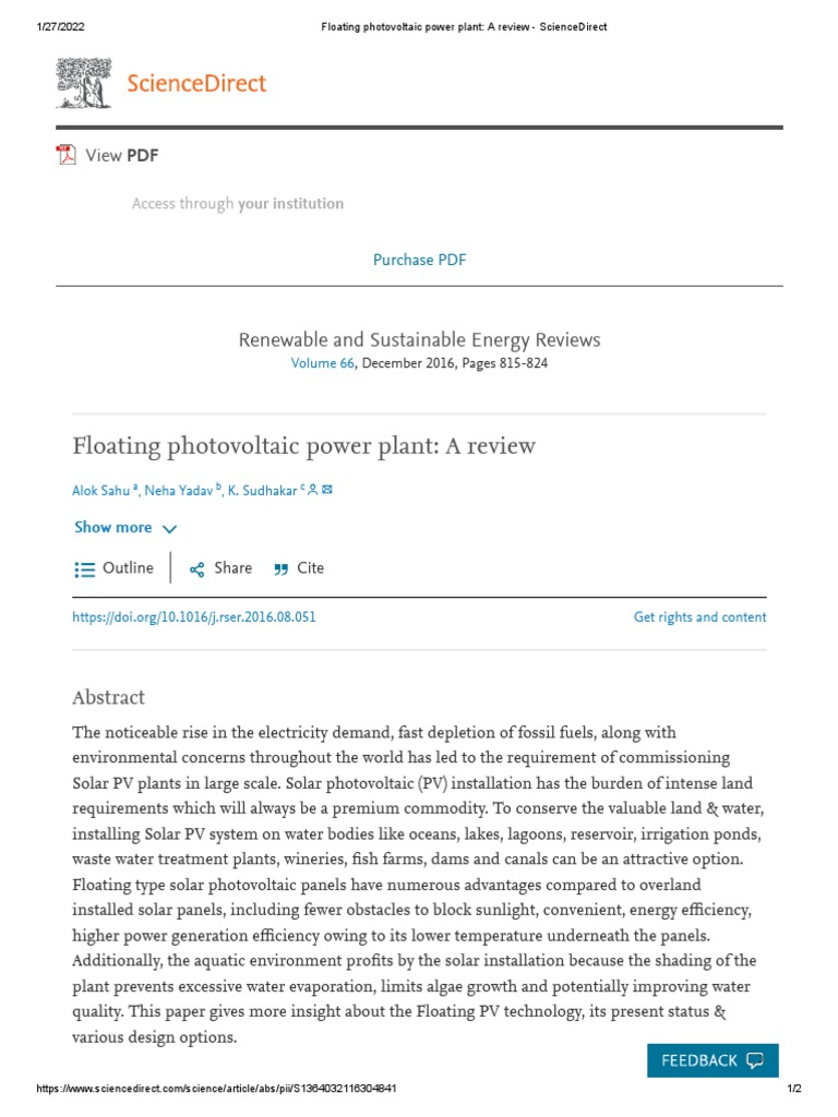 Floating Photovoltaic Power Plant - A Review - ScienceDirect | PDF ...