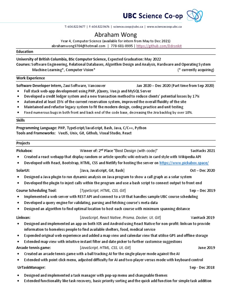 UBC Computer Science Intern Profile | PDF | Web Application | Java Script