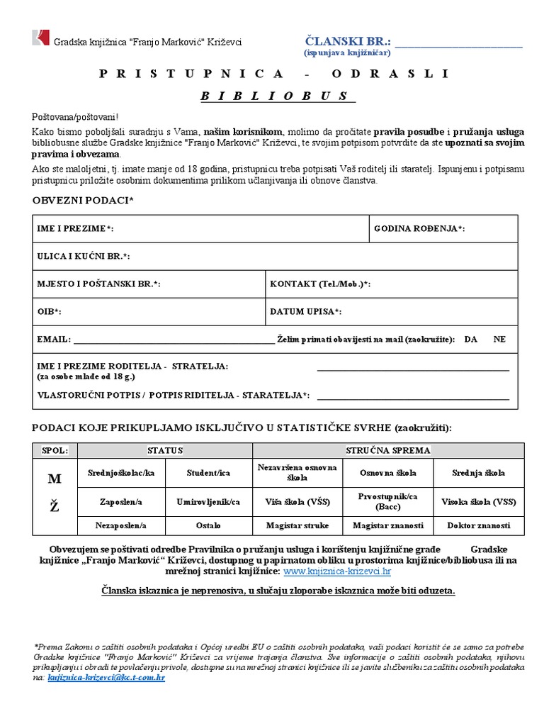 Pristupnica Bibliobus Odrasli | PDF