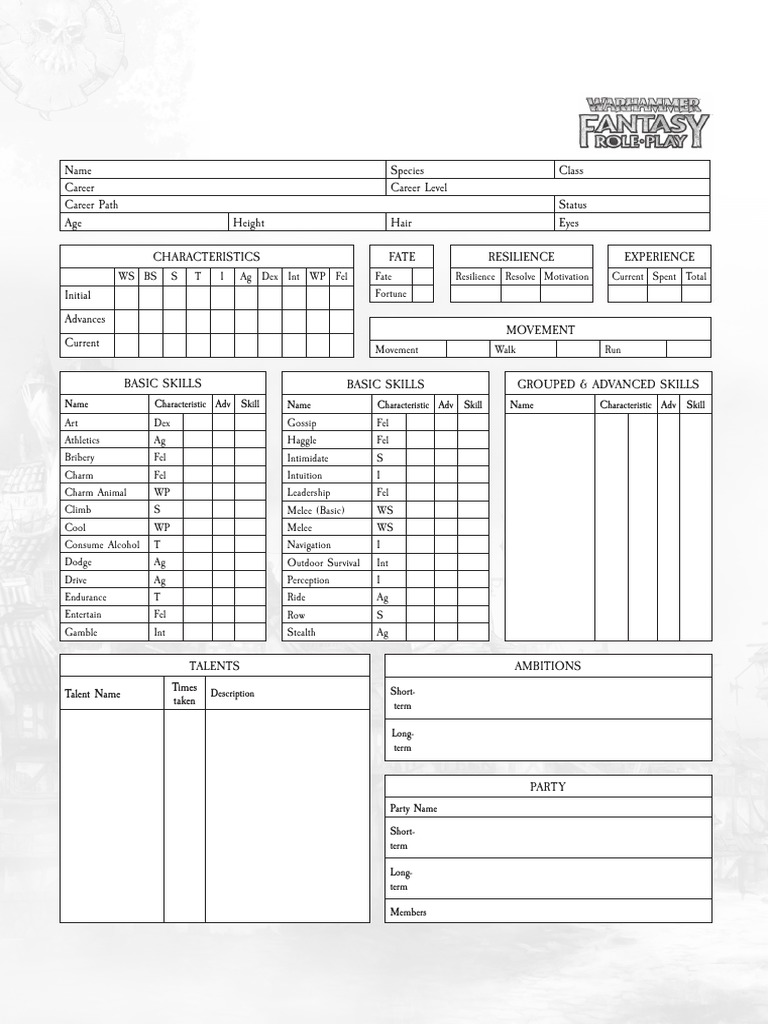 WFRP Character Sheet - Printer Friendly A4 | PDF