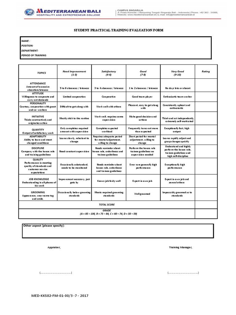 Student Practical Training Evaluation Form: Name: Position: Department ...