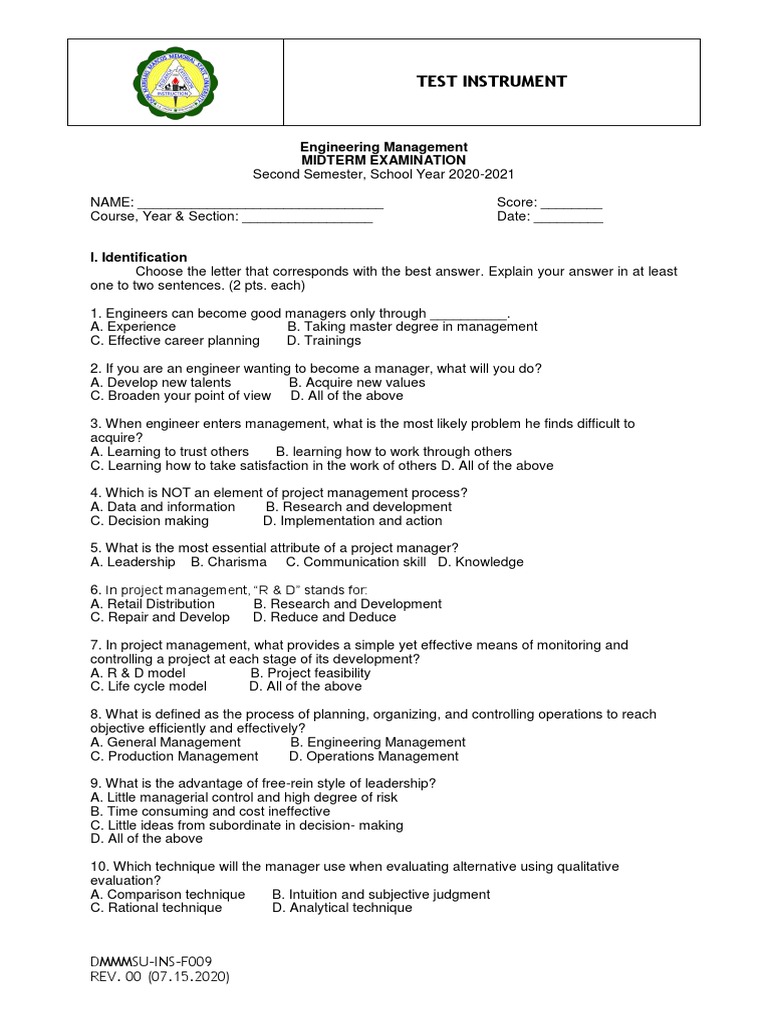 Engineering Management Midterm Exam | PDF | Project Management | Test ...