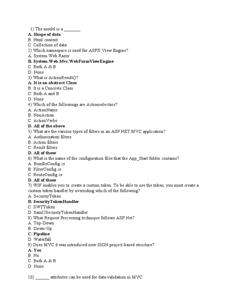 Mcq Asp Netmvc Pdf Ajax Programming Language Integrated Query