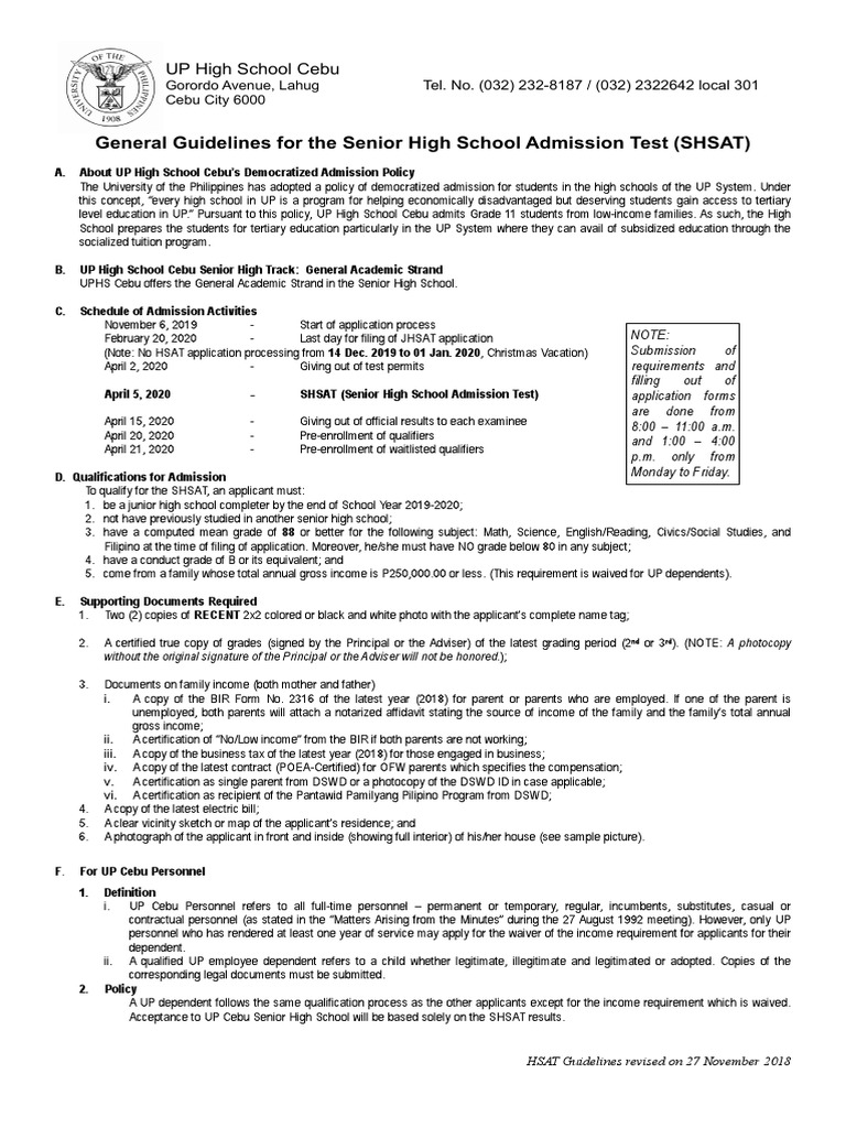 General Guidelines For The Senior High School Admission Test (SHSAT ...