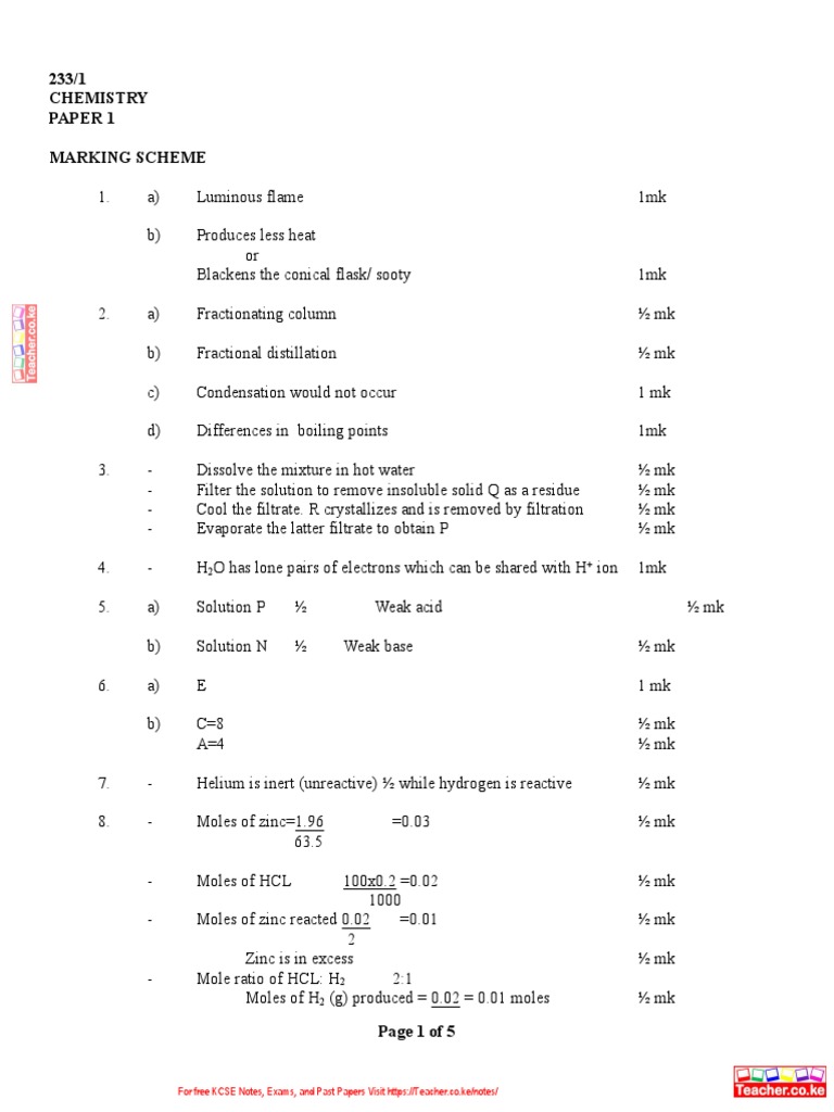 233/1 Chemistry Paper 1 Marking Scheme: For Free KCSE Notes, Exams, and ...