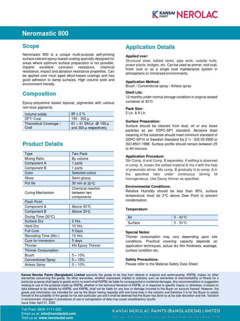 Neromastic 800: Scope Application Details | PDF | Paint | Epoxy