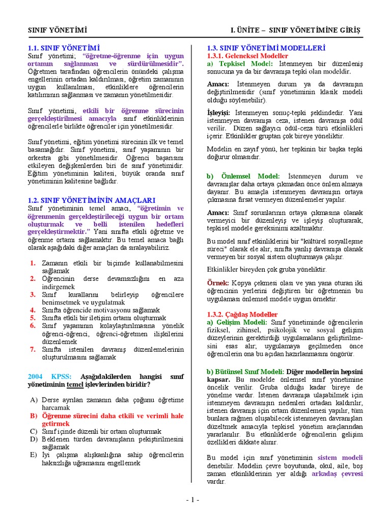 Sınıf Yönetimi Ders Notu | PDF