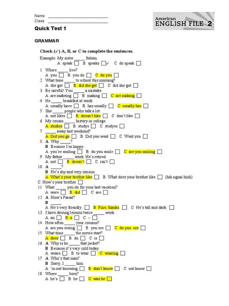 Quick Test 1: Grammar Check ( ) A, B, or C To Complete The Sentences ...