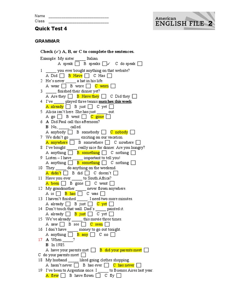 Quick Test 4: Grammar Check ( ) A, B, or C To Complete The Sentences ...