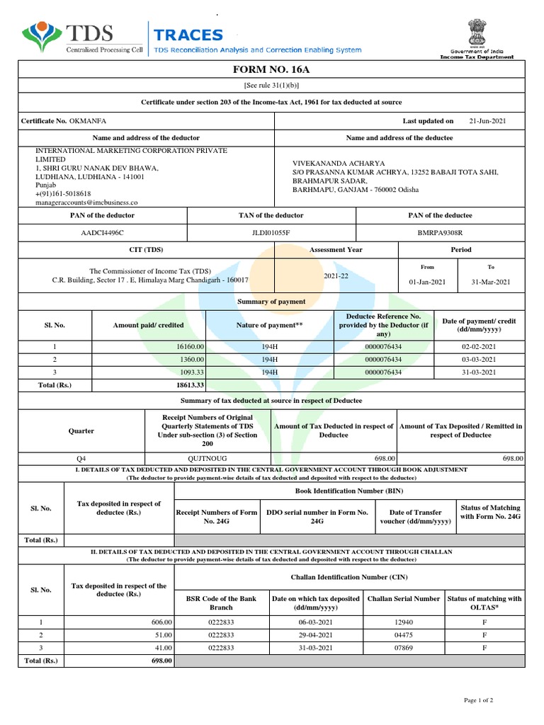 Form 16A TDS Certificate 2021-22 | PDF | Lease | Securities (Finance)