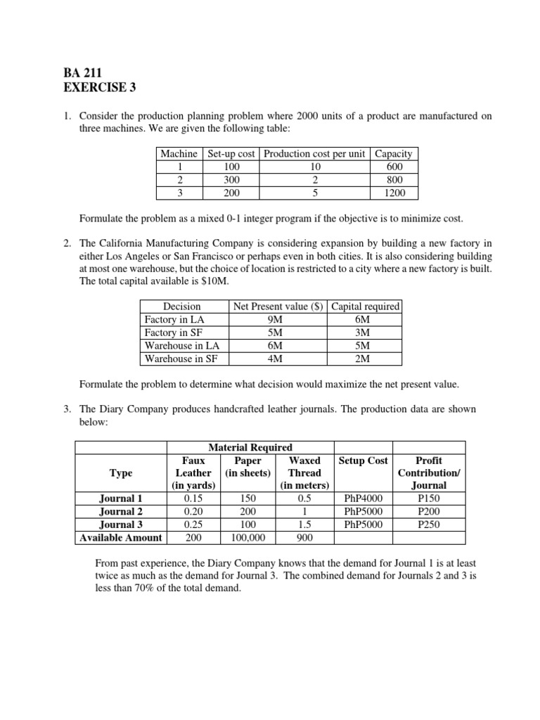 BA 211 Exercise 3 | PDF | Linear Programming | Profit (Economics)