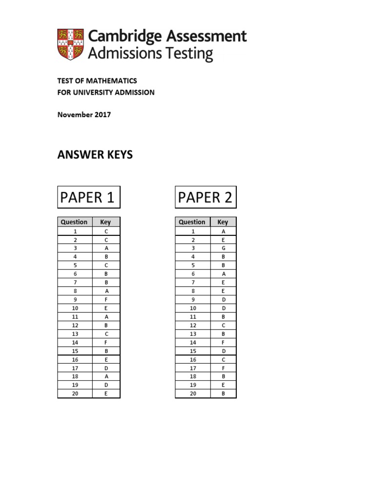 Test of Mathematics For University Admission 2017 Answer Keys | PDF ...