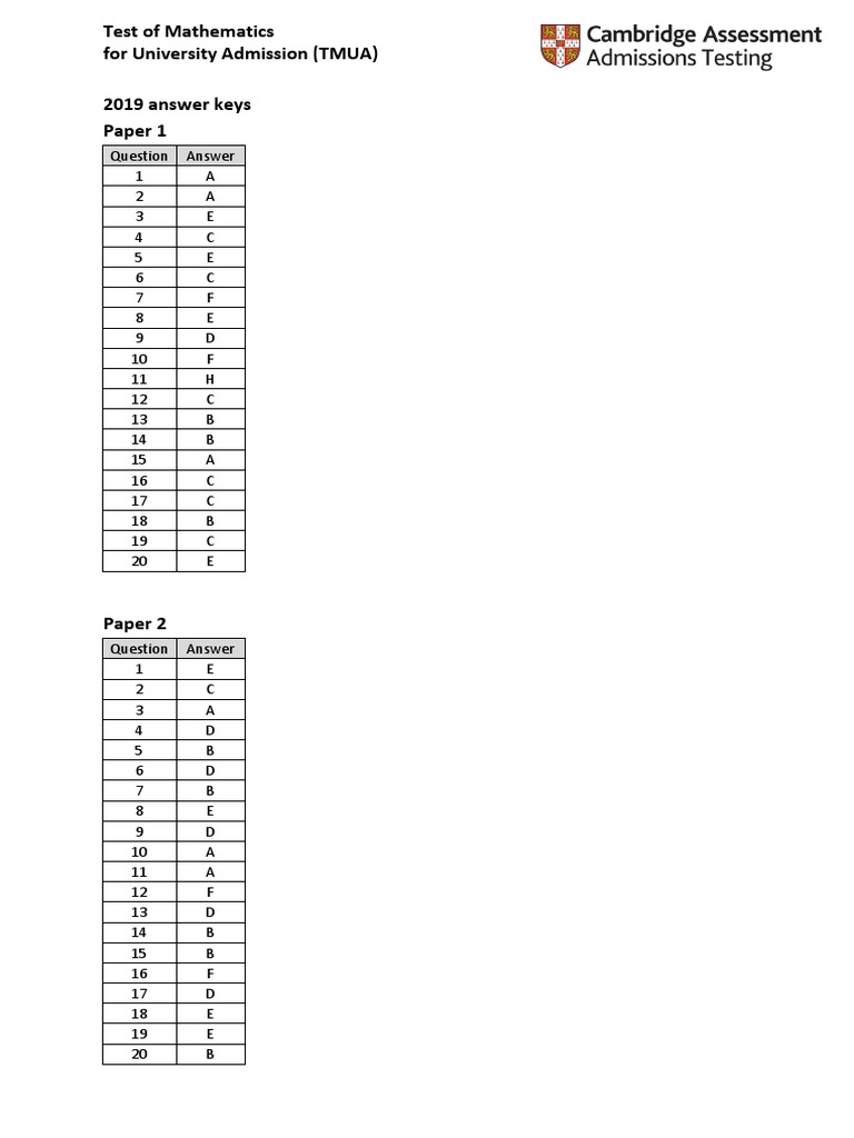 TMUA 2019 Answer Keys and Grades | PDF