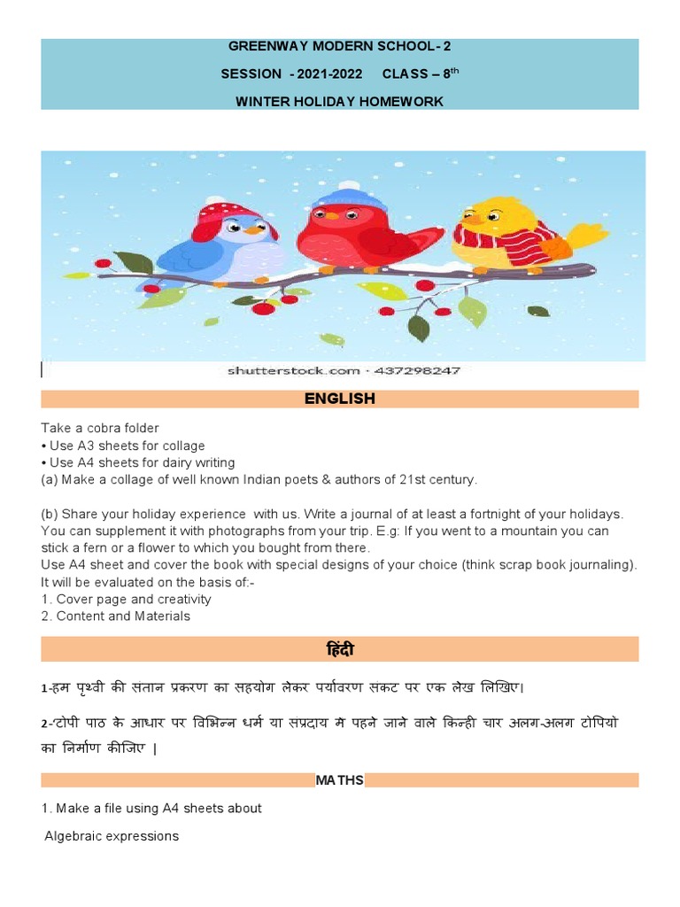 Class 8th Winter Holiday Homework 2021-22 | PDF