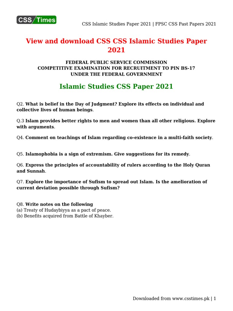 View and Download CSS CSS Islamic Studies Paper 2021 | PDF