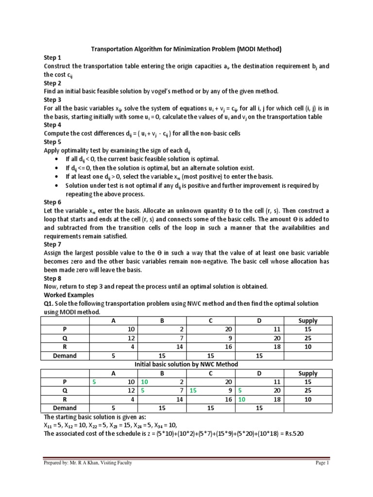 Transportation Algorithms Of Modi Method Pdf Mathematical