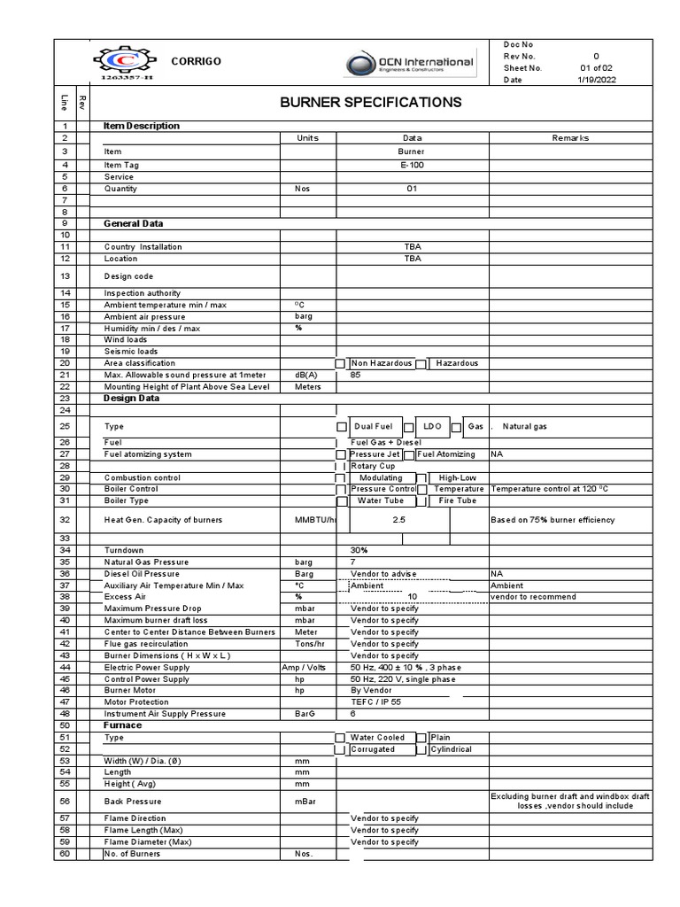 Burner Datasheet | PDF | Energy Technology | Gases