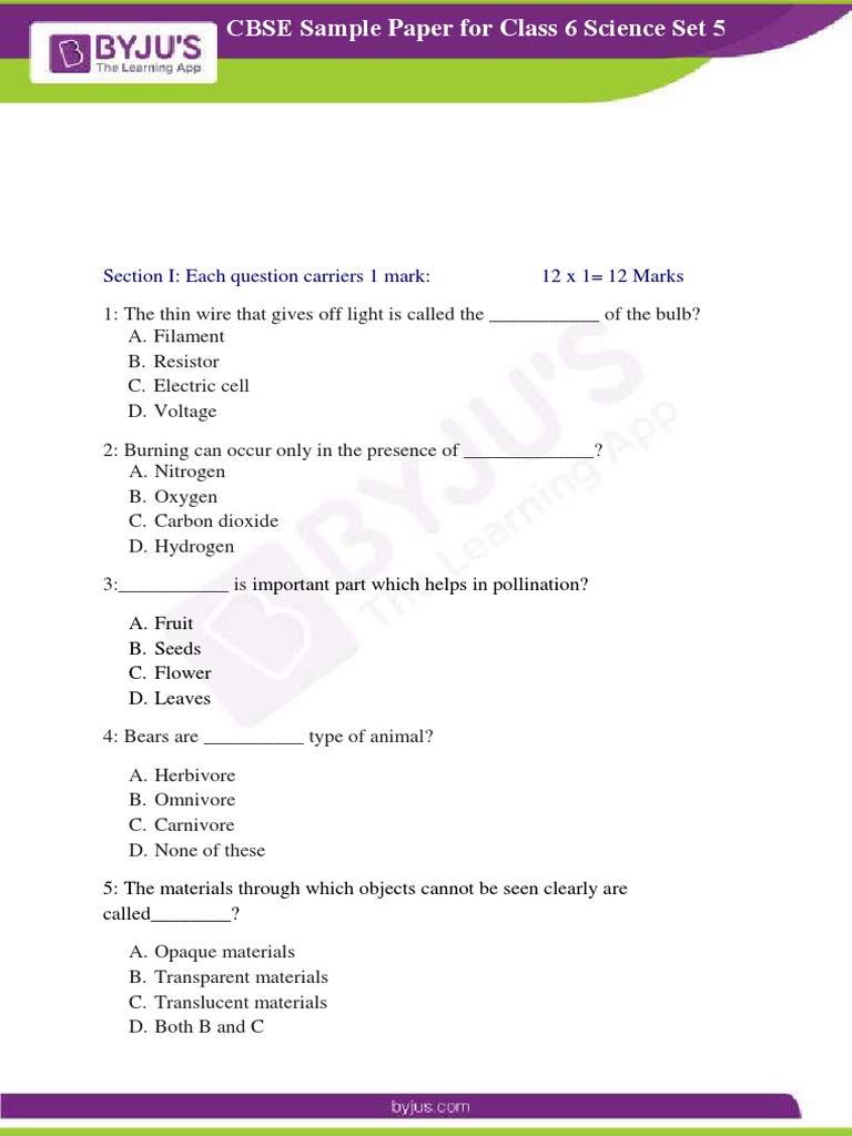 CBSE Sample Paper Class 6 Science Set 5 | PDF | Incandescent Light Bulb ...