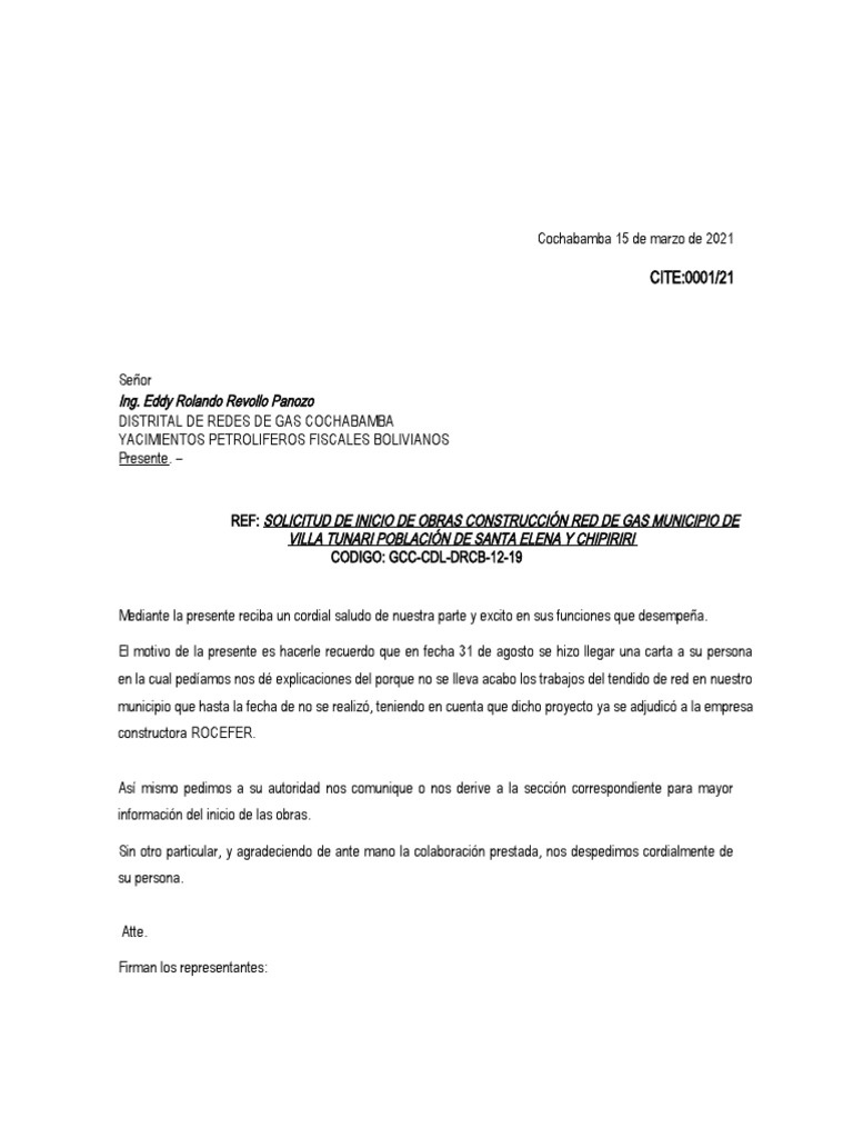 CARTA Solicitud de Inicio de Obra. | PDF