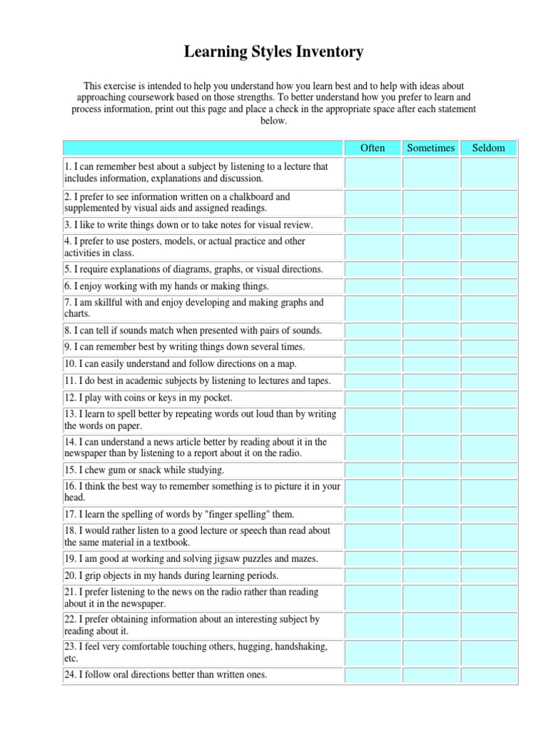 Learning Styles Inventory: Often Sometimes Seldom | PDF | Lecture ...